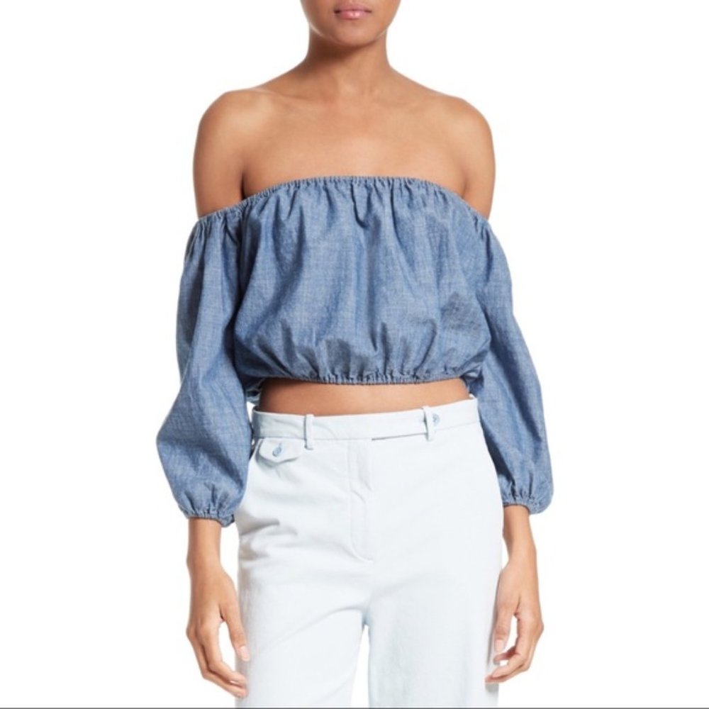 Theory Waleska Off Shoulder Chambray Crop Top - Gem